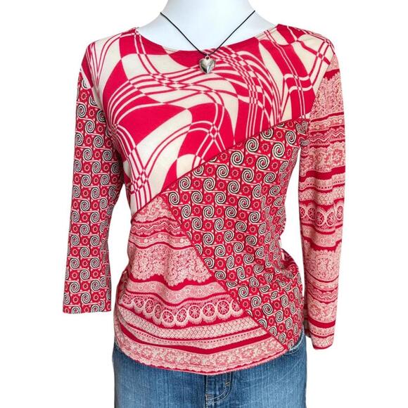Tops | Y2k Euro Style Red Patchwork Patterned Top | Poshmark